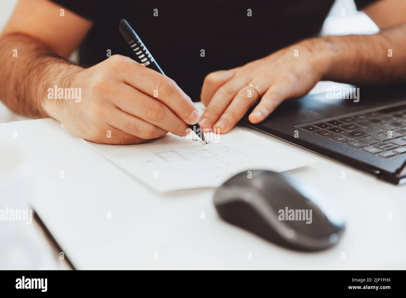 Closeup Photo of a Man Drawing Plan on His Workplace. Body Part. Work ...