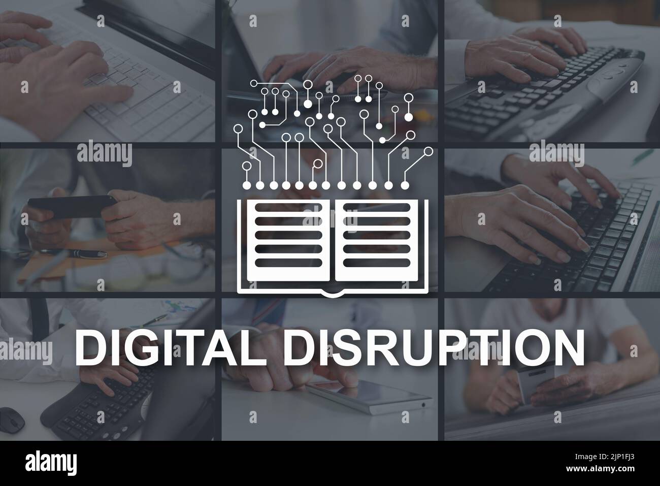 Digital disruption concept illustrated by pictures on background Stock ...