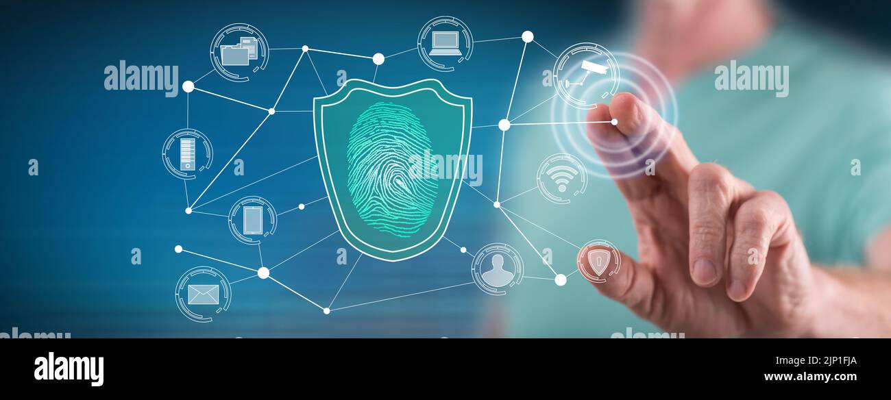 Man touching a data security concept on a touch screen with his finger ...
