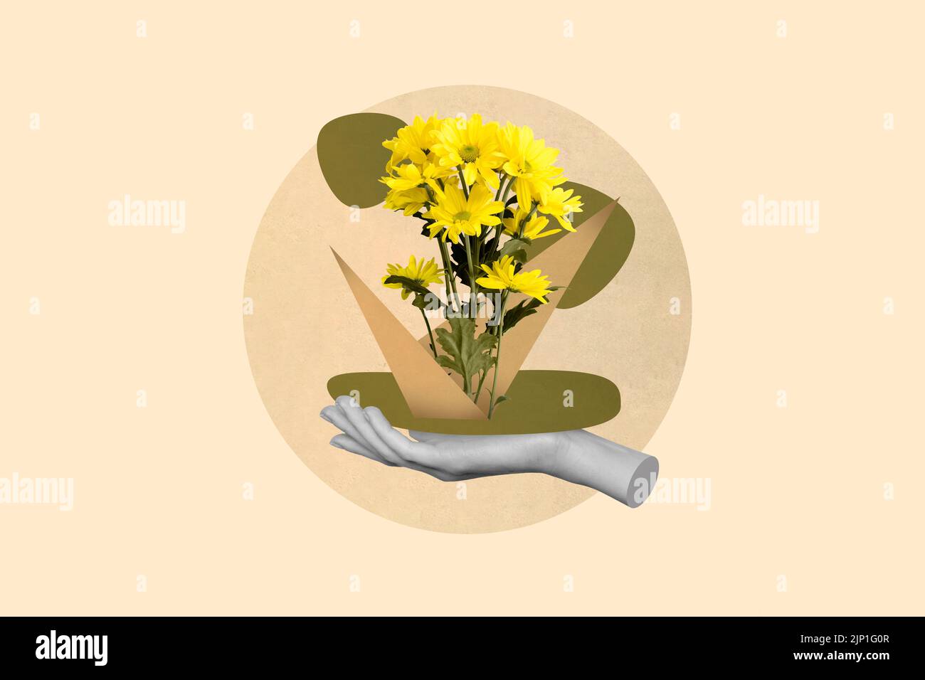 Vertical collage portrait of arm palm hold demonstrate growing yellow ...