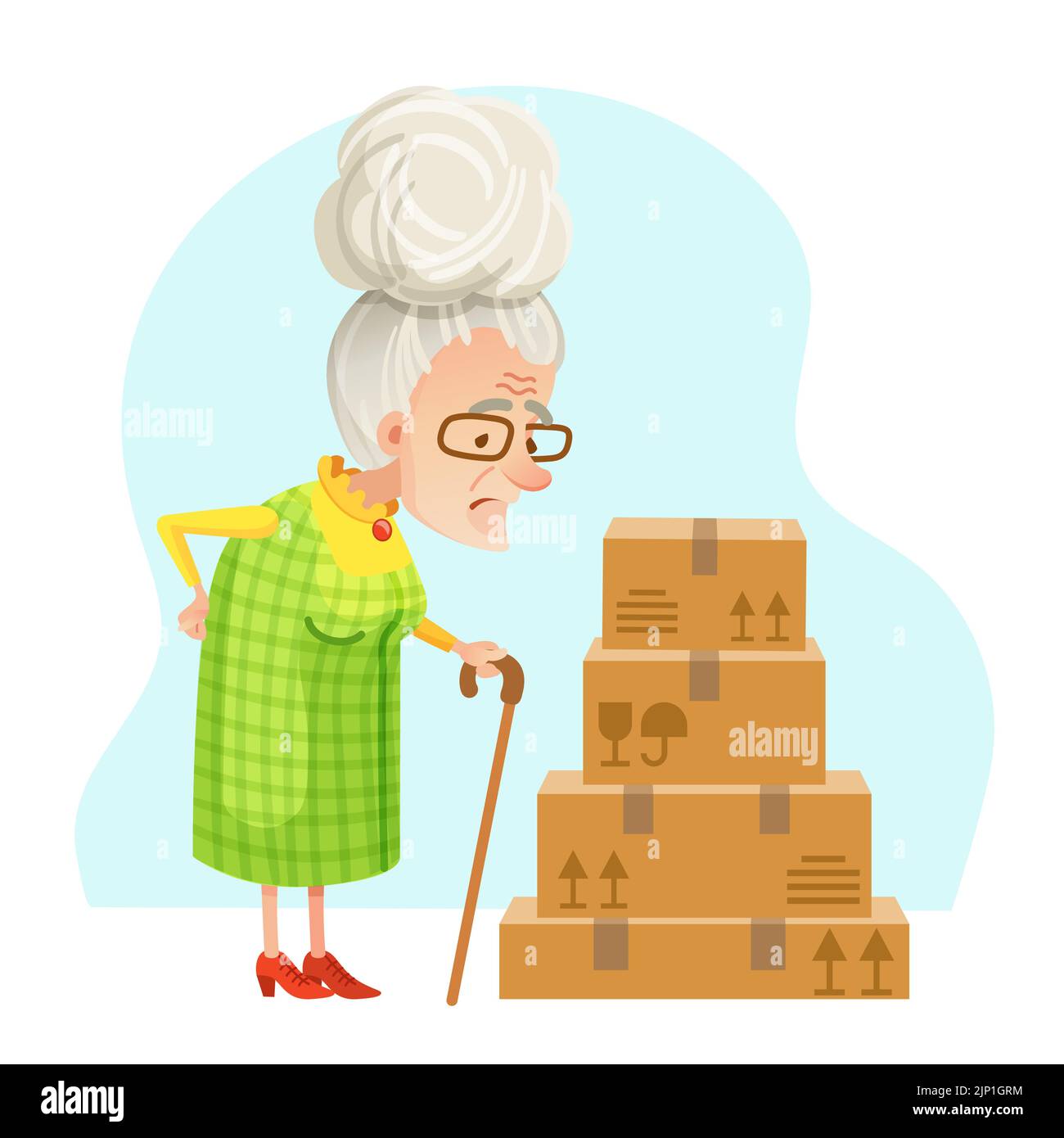 Illustration of helpless senior woman near a pile of parcels with back ...