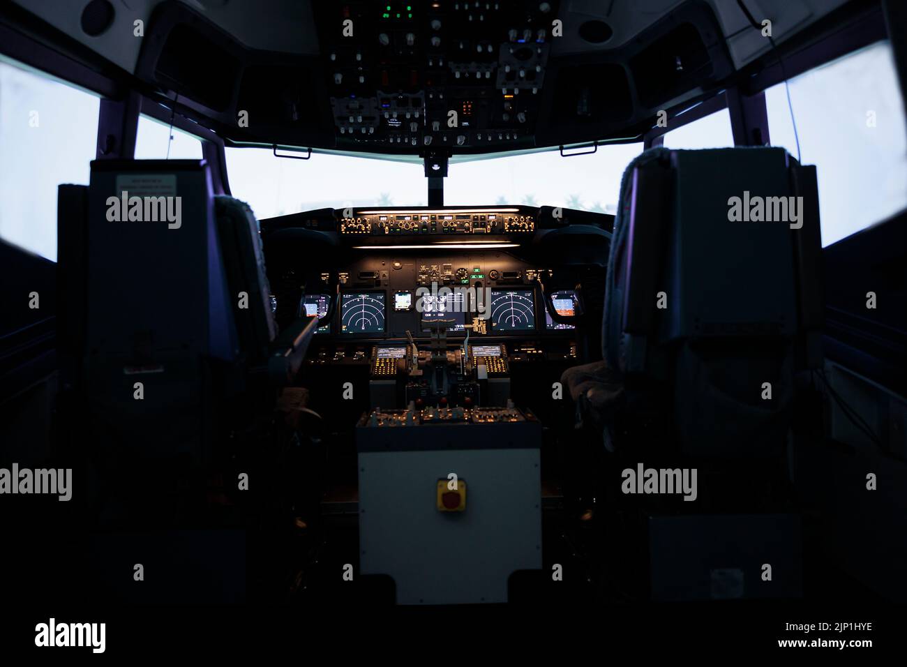 Empty aircraft cabin with control panel buttons and lever command used ...