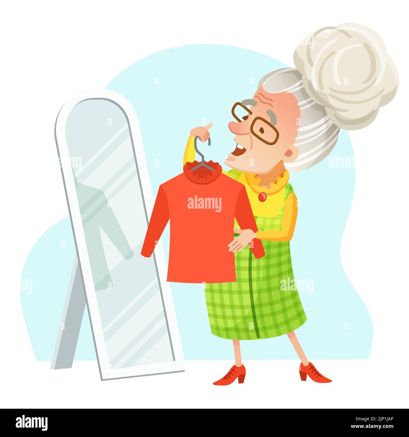 Vector illustration of an old woman with glasses tries on a blouse in ...