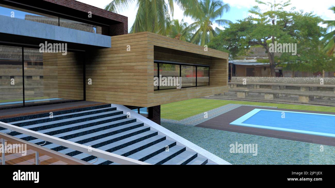 A wide comfortable staircase down to the pool in the courtyard of a ...