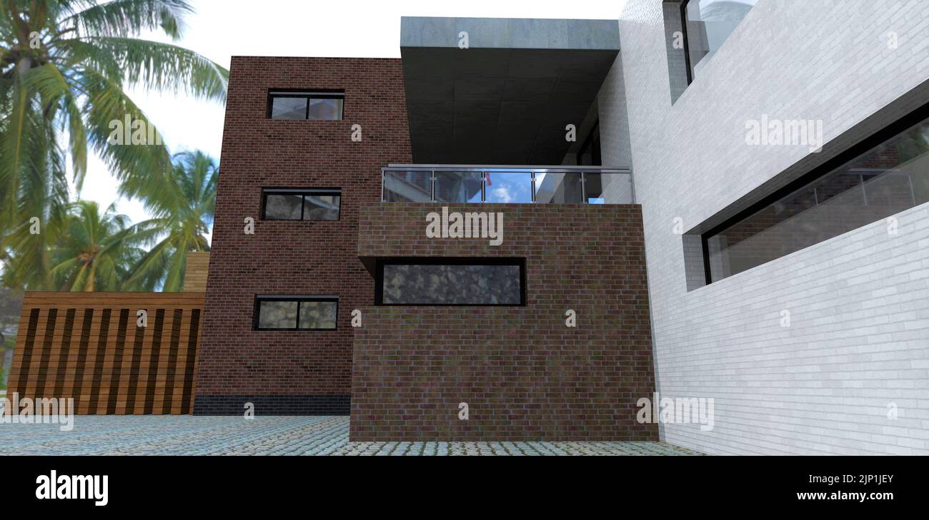 Balcony of a modern residential brick house in a tropical park. Glass ...