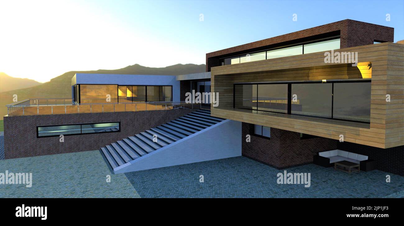 Picturesque sunrise in the mountains. Modern project of a country house ...