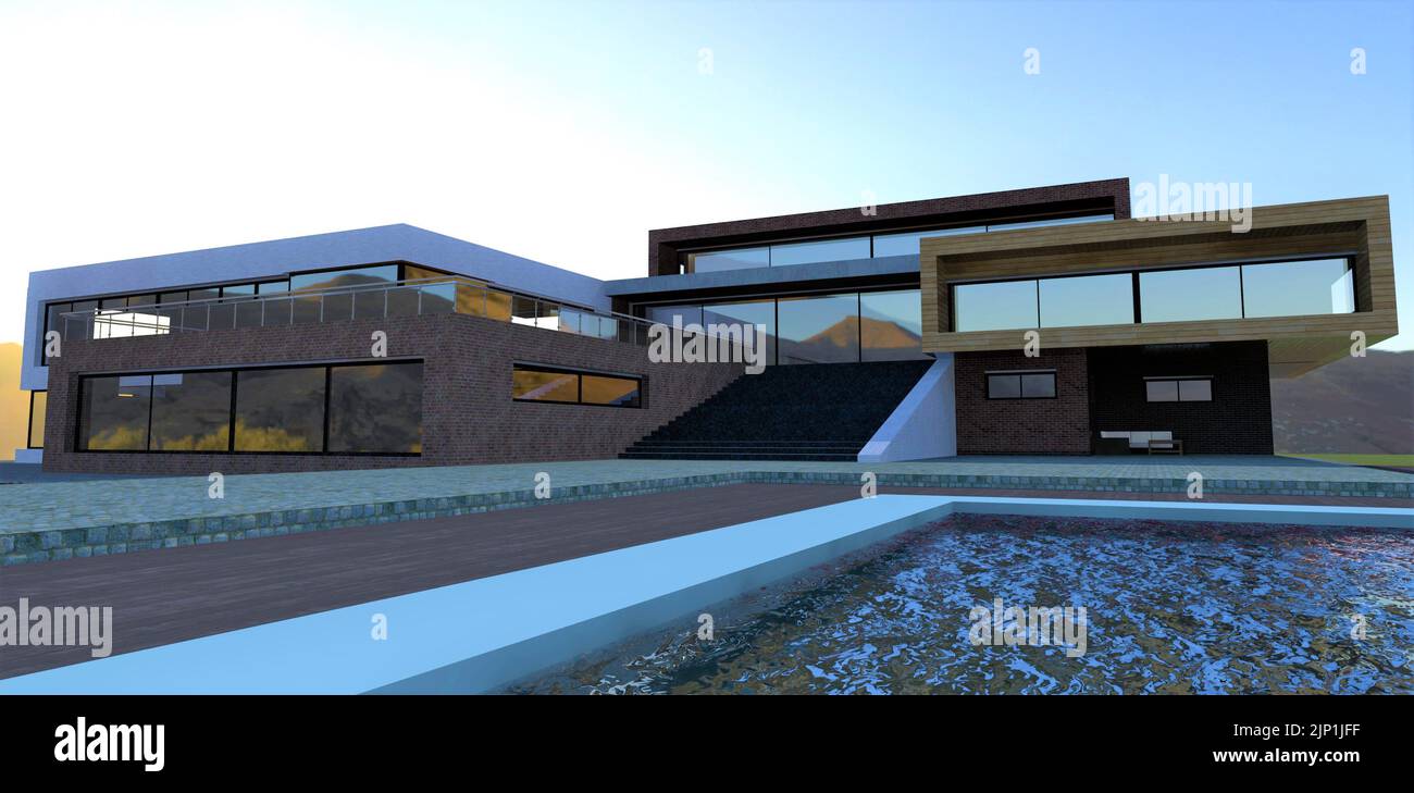 Waves in the pool in the courtyard of a luxury modern hotel. Road from ...