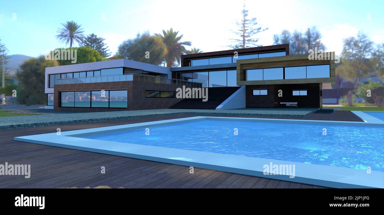 Wonderful concept of a family villa with a swimming pool on a tropical island. Terrace board ...
