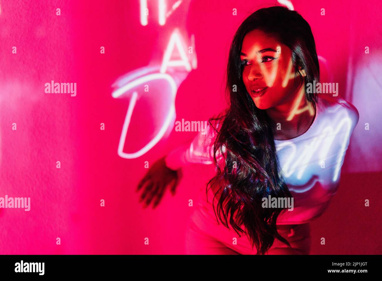 young woman, neon light, neon writing, lichtprojektion, girl, girls ...