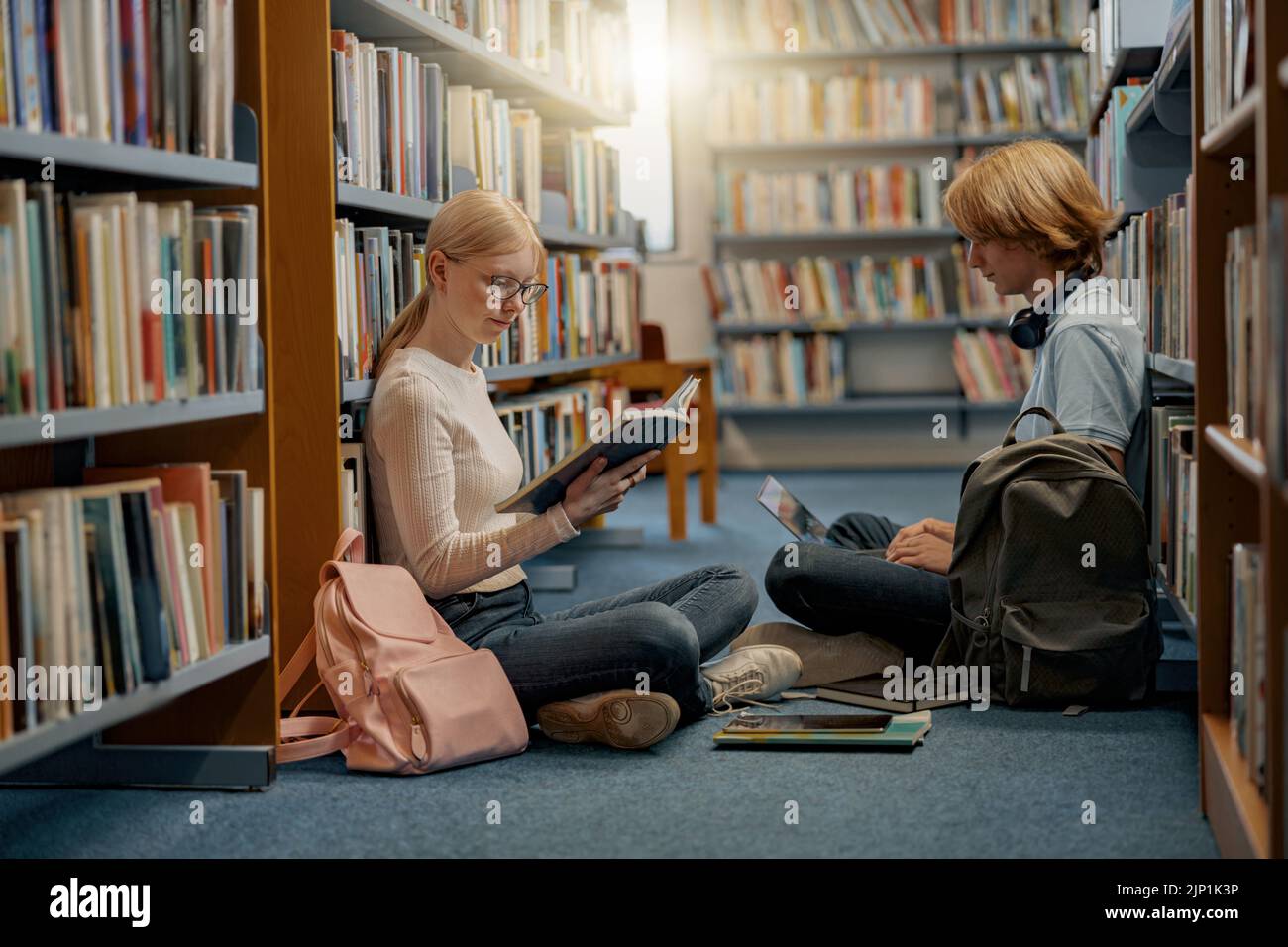 Friends student sit on floor near bookshelves in library and studying ...