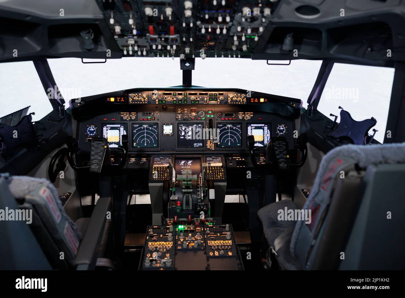 No people in airplane cockpit used by captain and copilot to fly ...