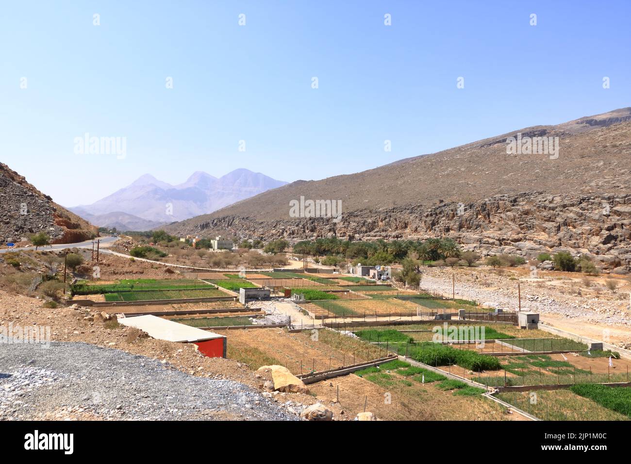 Abandoned village ruins of Riwaygh as-Safil with an oasis underneath on ...