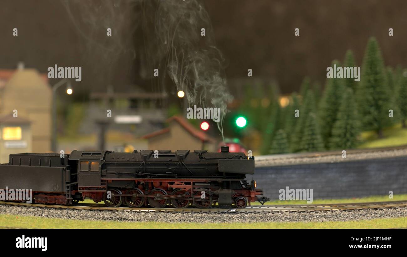 A model train running along tracks outdoors in forest. A model of a ...