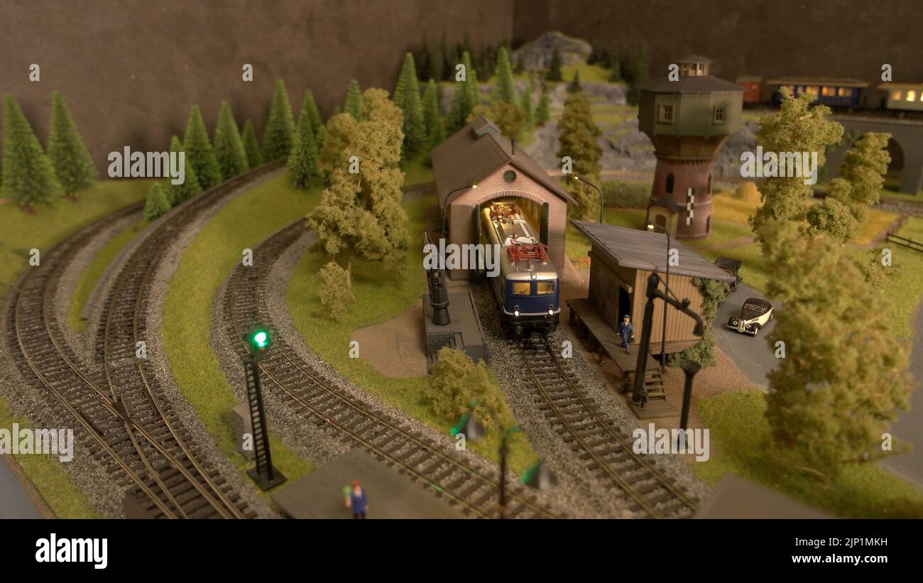 Top view of train model on the model railway. Train set model ...