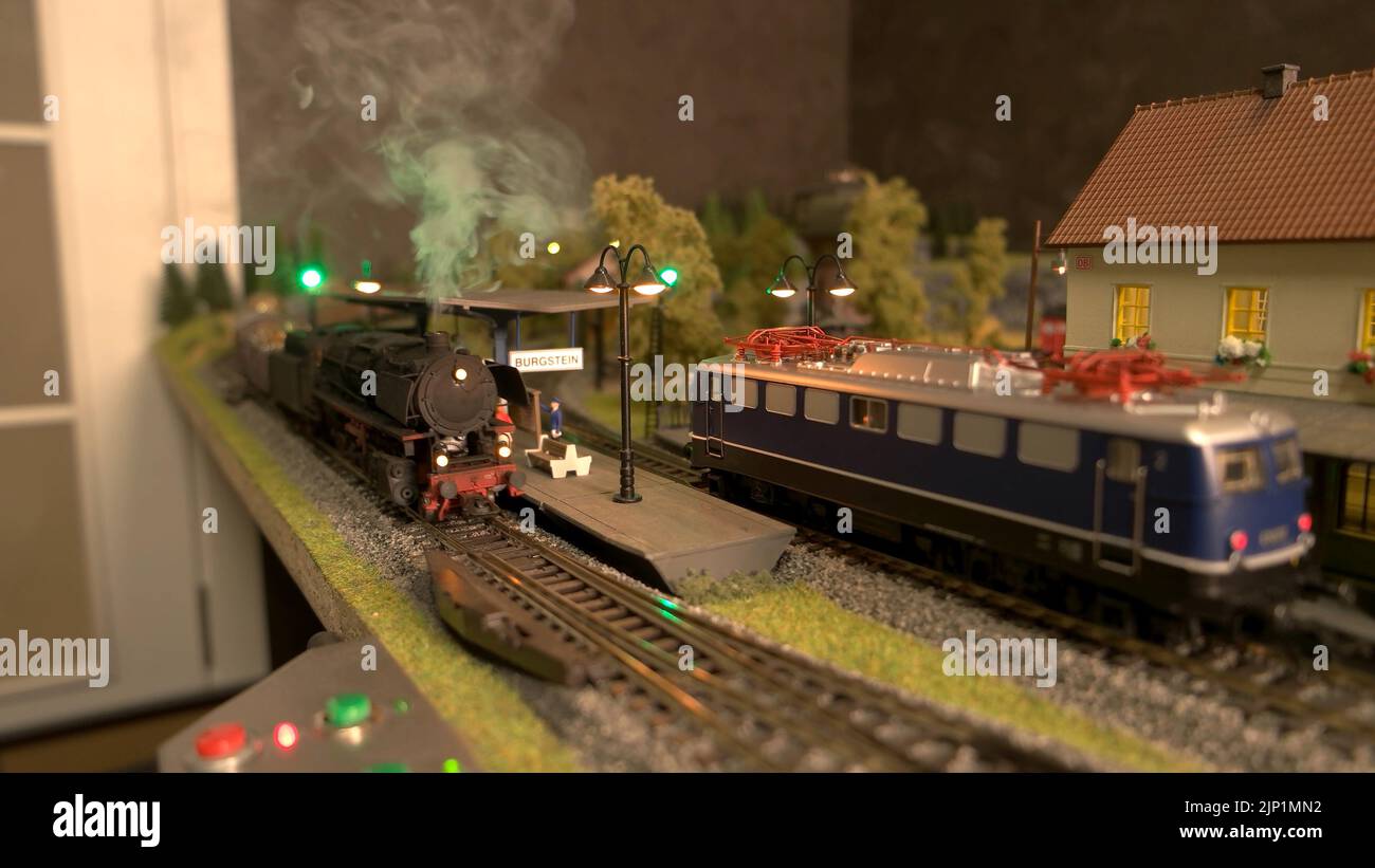 Model train with wagons is driving on model railroad. Close up of model ...
