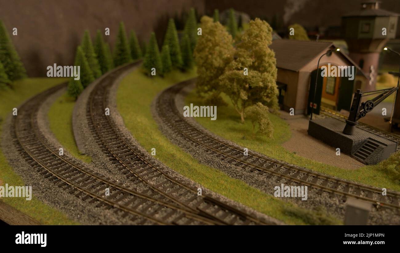 Top view of train model on the model railway. Train set model ...