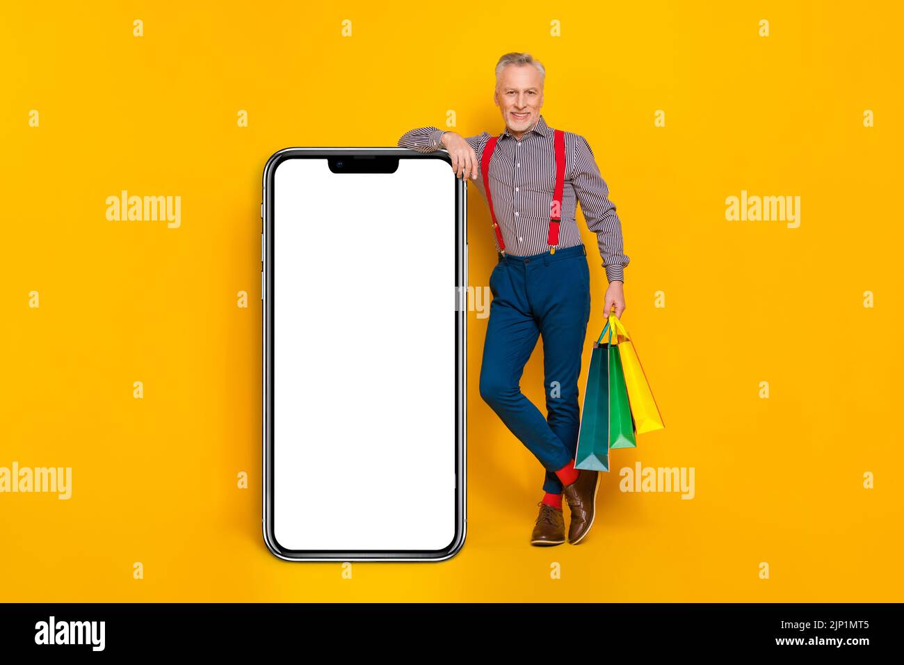 Full body photo of handsome formalwear mister lean on new phone ...