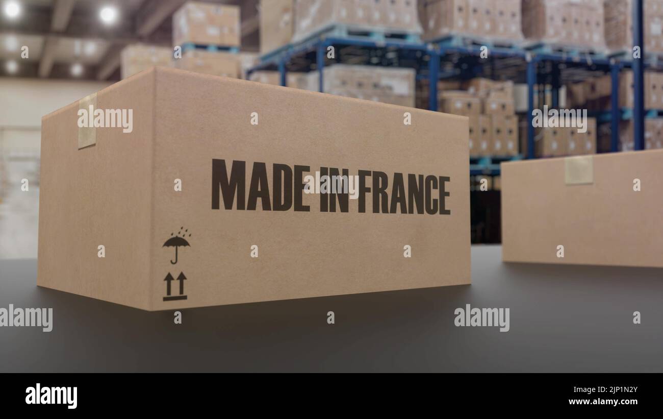 Boxes with MADE IN FRANCE text on conveyor. 3d illustration Stock Photo ...