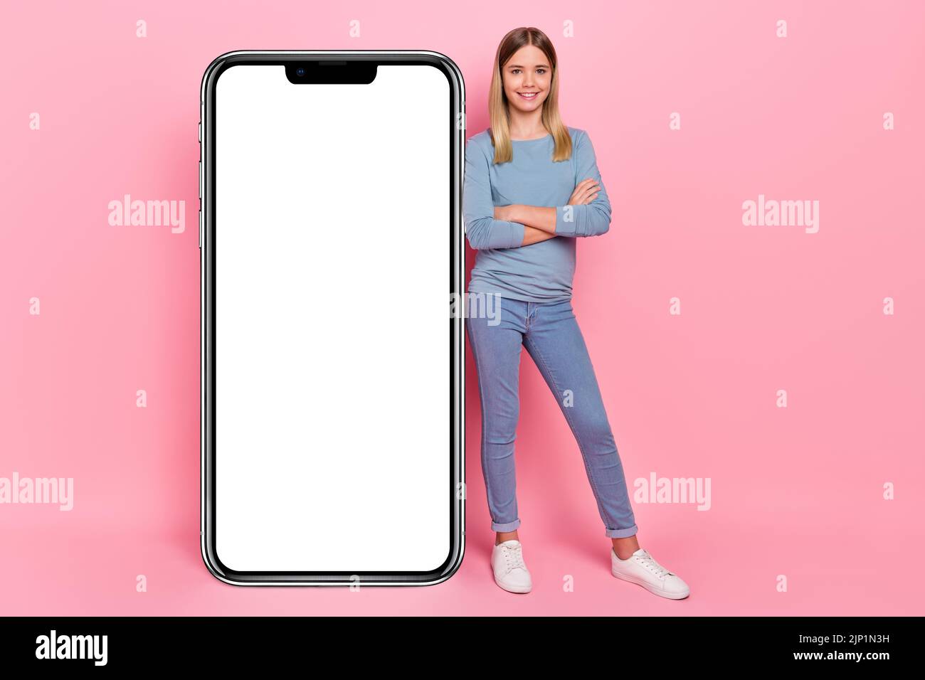 Full size photo of young girl crossed hands promoter paper poster ...