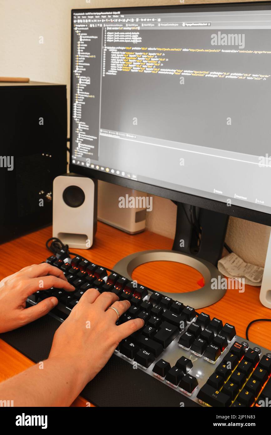 Programming Work Time Programmer Writing New Lines Of Html Code Portable And Manual Closure