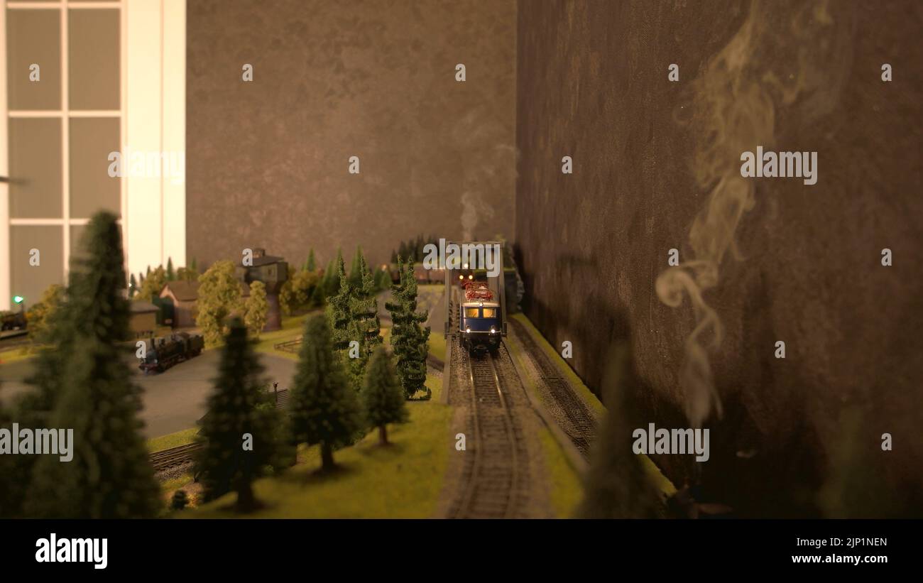 Model of freight train moving on railroad. Models of passenger train ...