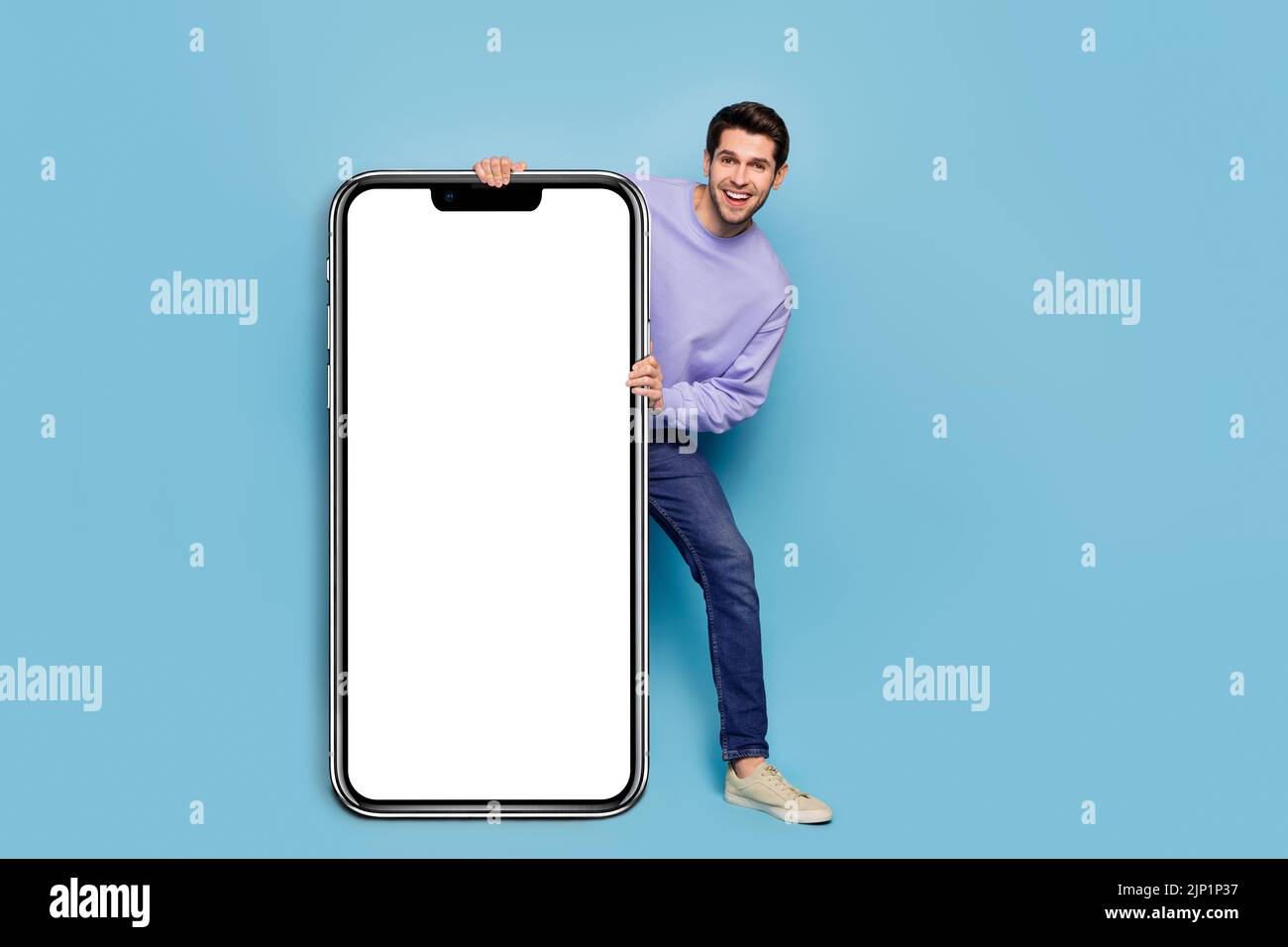 Full body photo of cheerful funny guy demonstrate empty space blank ...