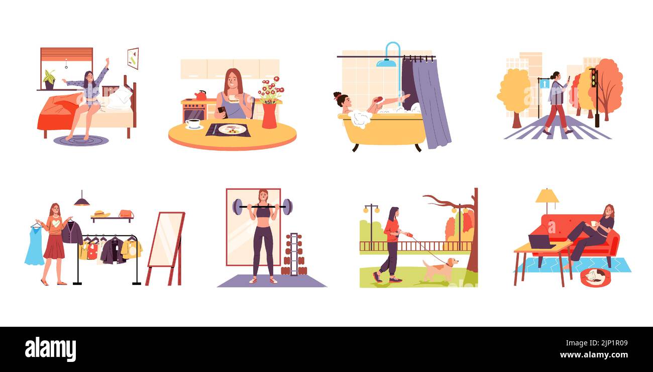 Woman Daily Routine Girl Everyday Life Scenes Cartoon Person Wake Up