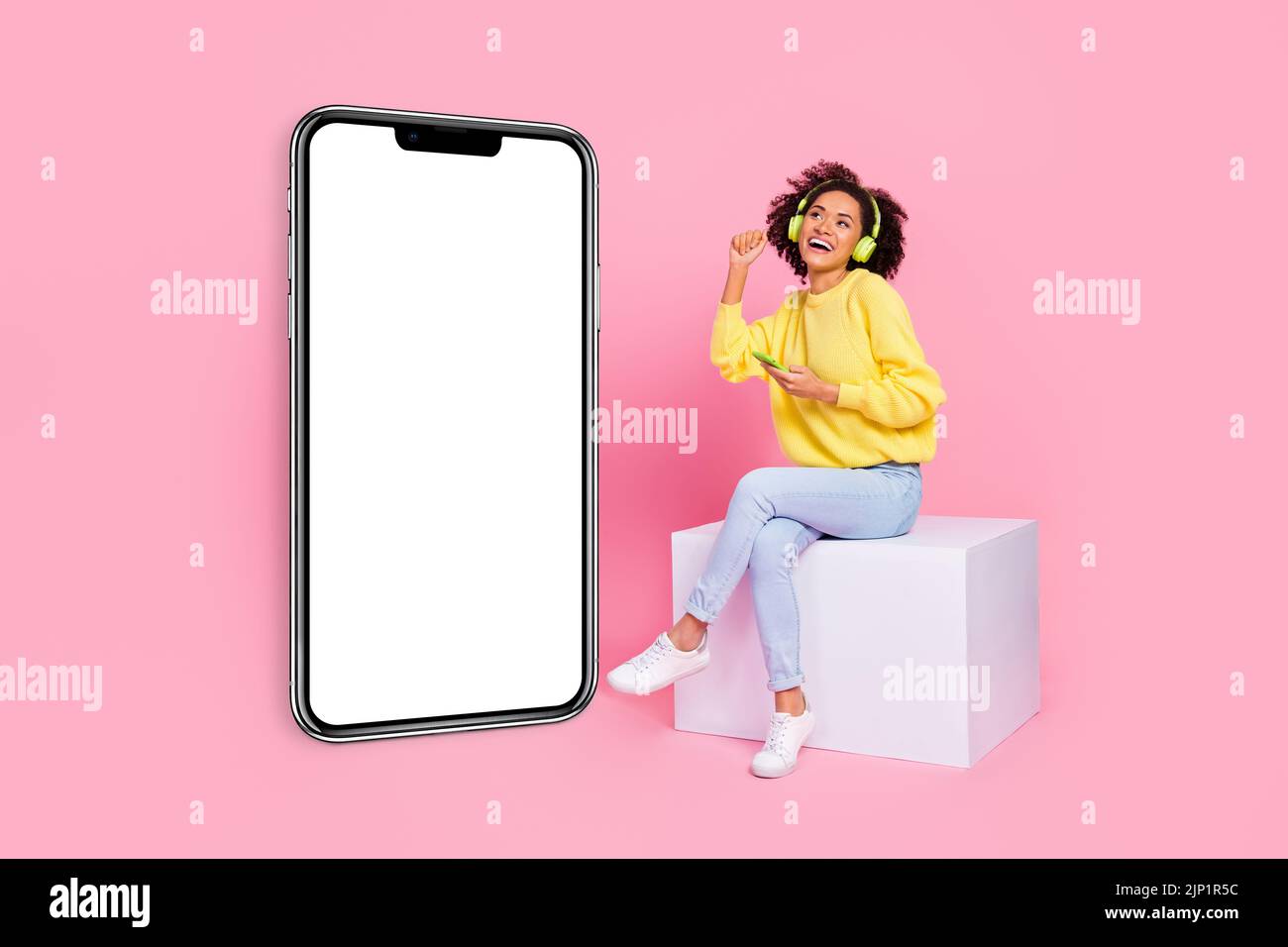 Full body photo of young lady have fun listen radio playlist meloman ...