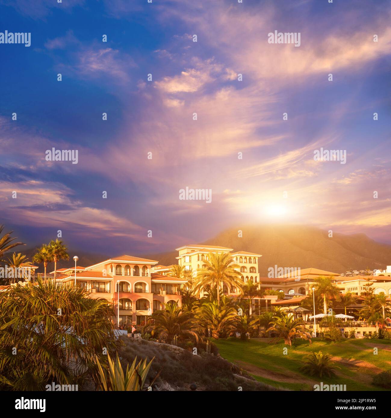 Sunset in Tenerife island, Spain. Tourist Resort Stock Photo - Alamy