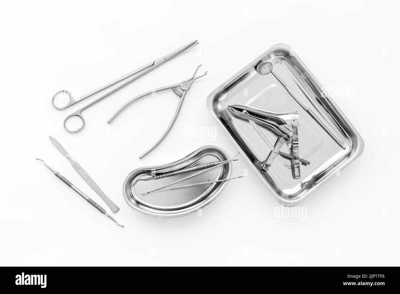 Medical equipment tools instruments in steel tray at doctor desk Stock ...
