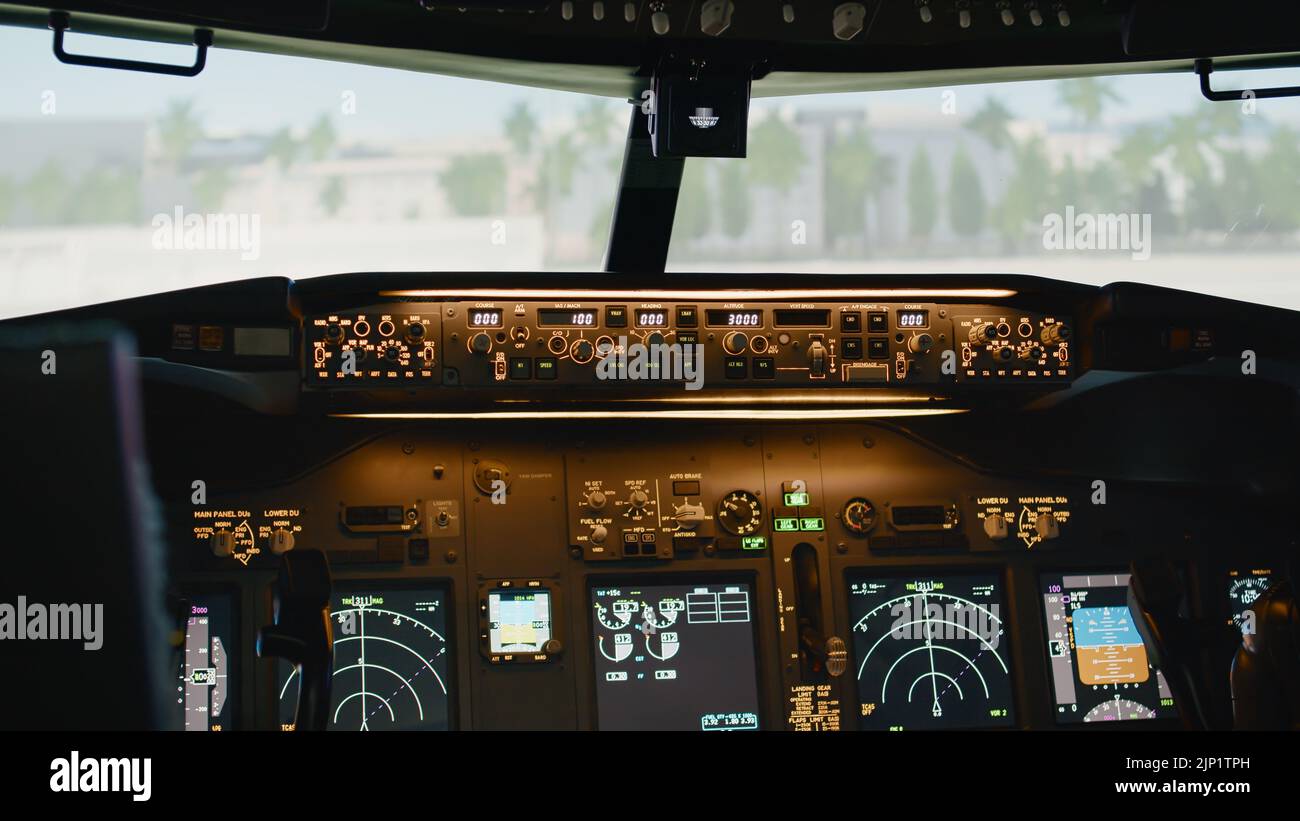 Airplane cockpit windscreen in navigation cabin to fly aircraft, power ...