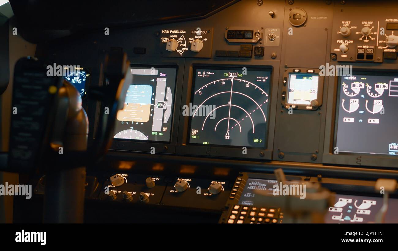 Nobody in plane cabin with control panel and navigation compass ...