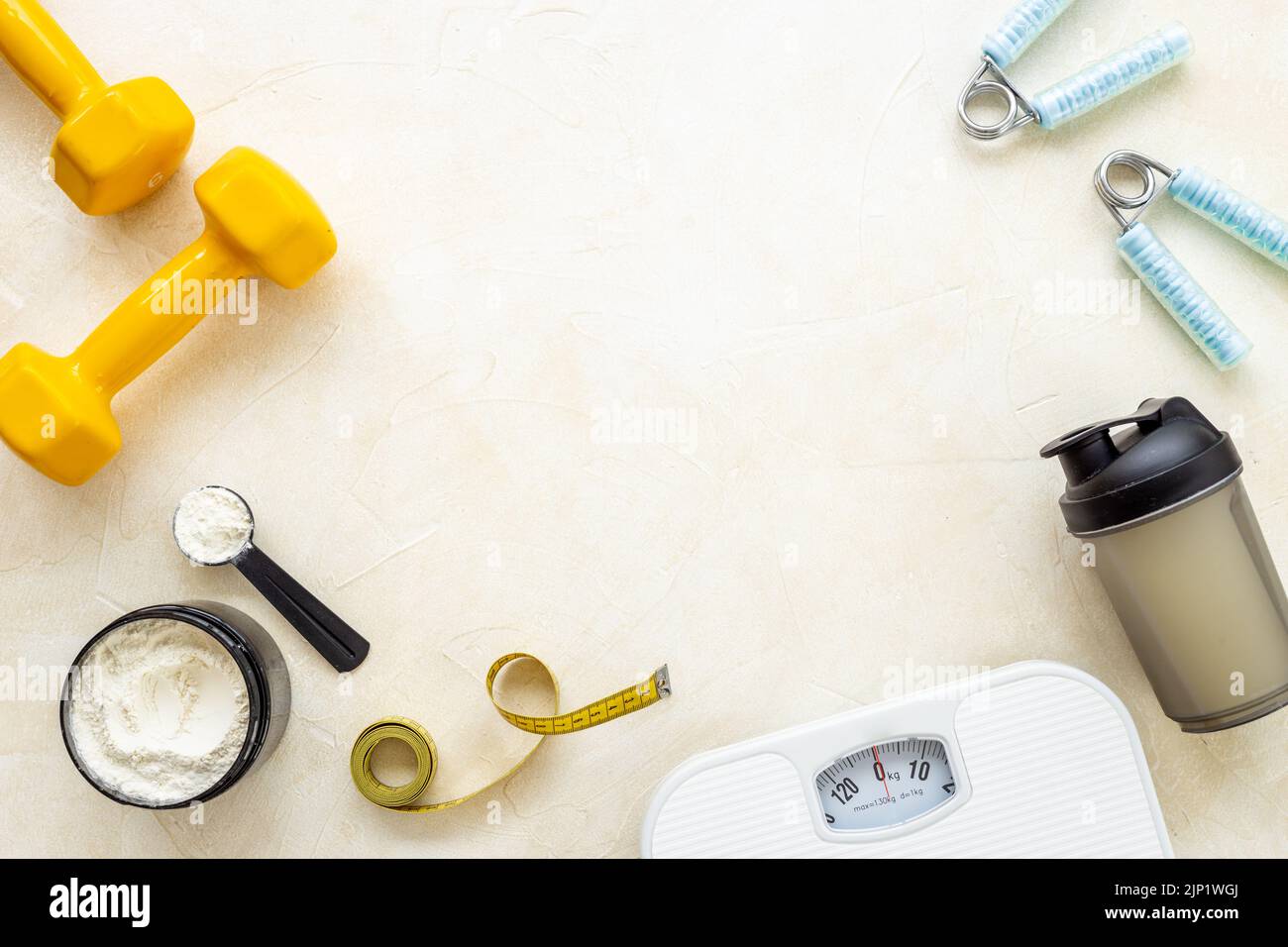 Sport shaker bottle and jar with powder whey protein. Fitness concept ...