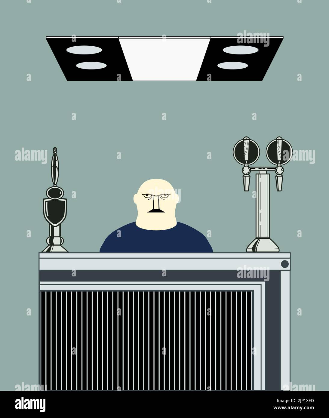 Vector illustration of barman at beer machine beyong the bar cunter in ...