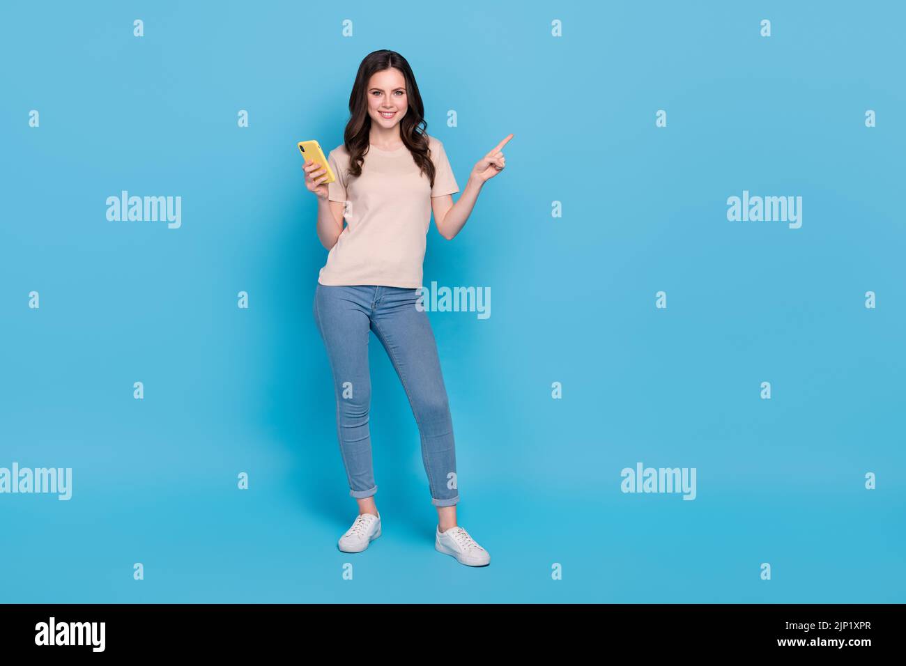 Full length photo of lady blogger point empty space eshop sales use ...