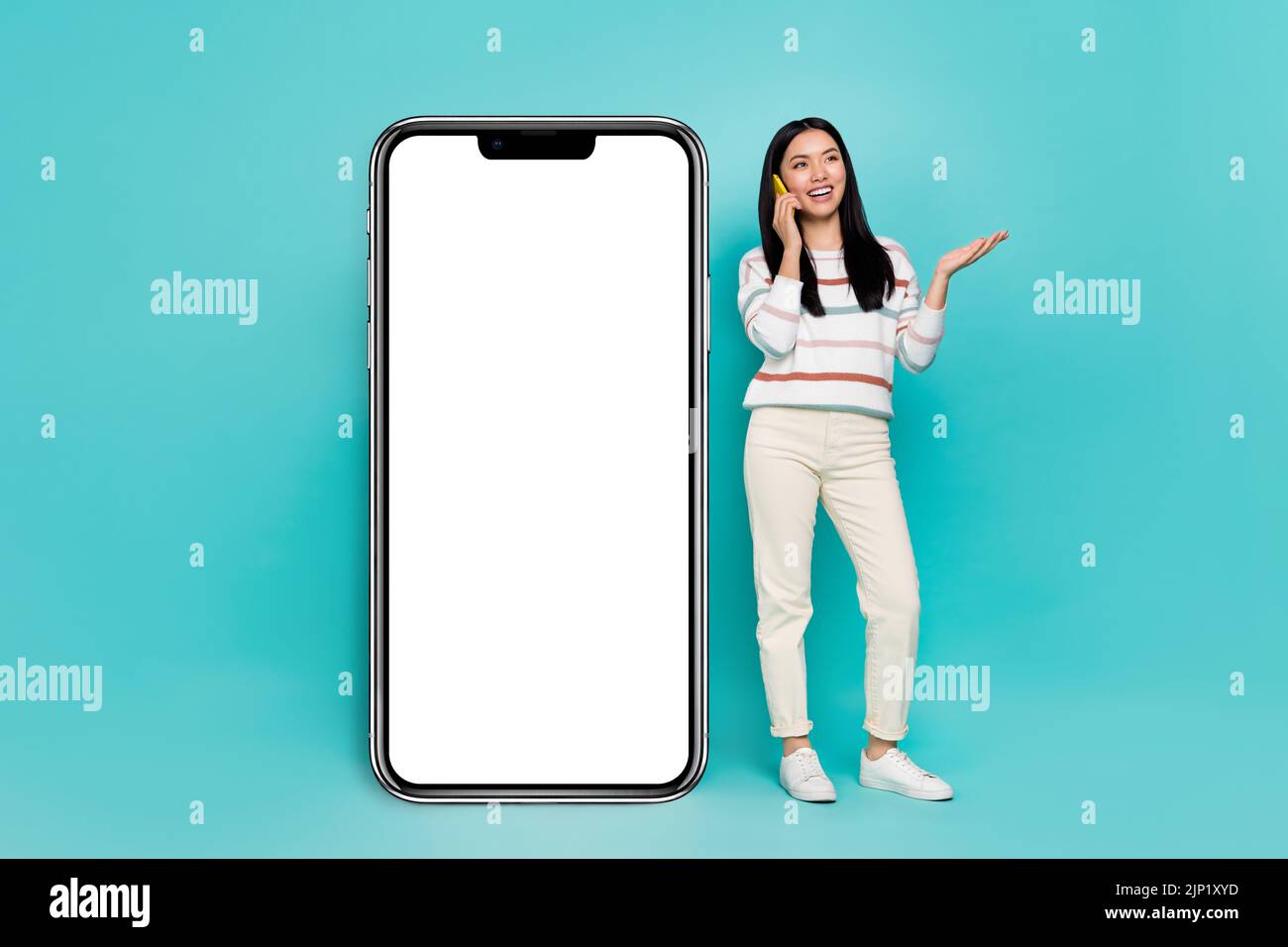 Full size photo of cheerful charming lady have conversation tell her ...