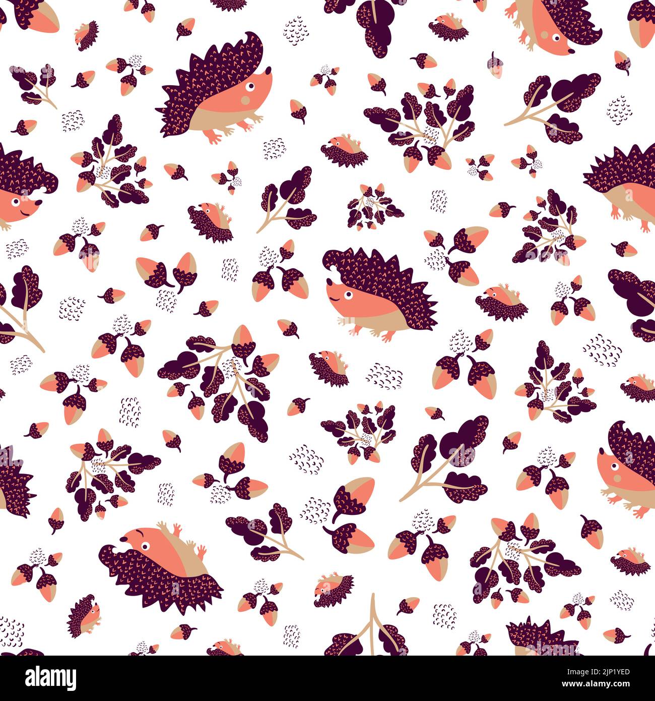 Cute vector spiky, prickly, hedgehog, acorn and oak leaves background ...