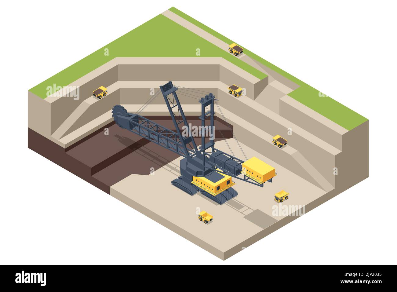 Isometric mining quarry, mine with large quarry dump truck and Bucket ...