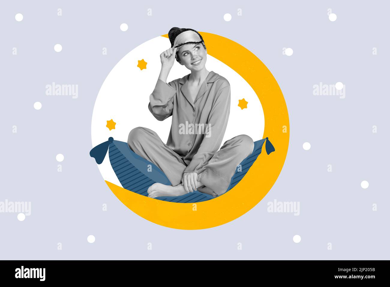 Collage photo of young charming beautiful lady sitting moon comfort ...