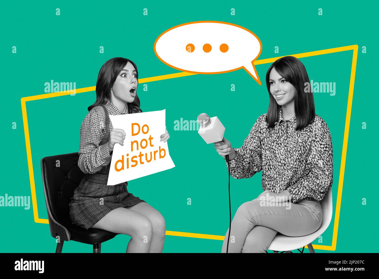 Collage photo of two young ladies sitting take interview please give ...