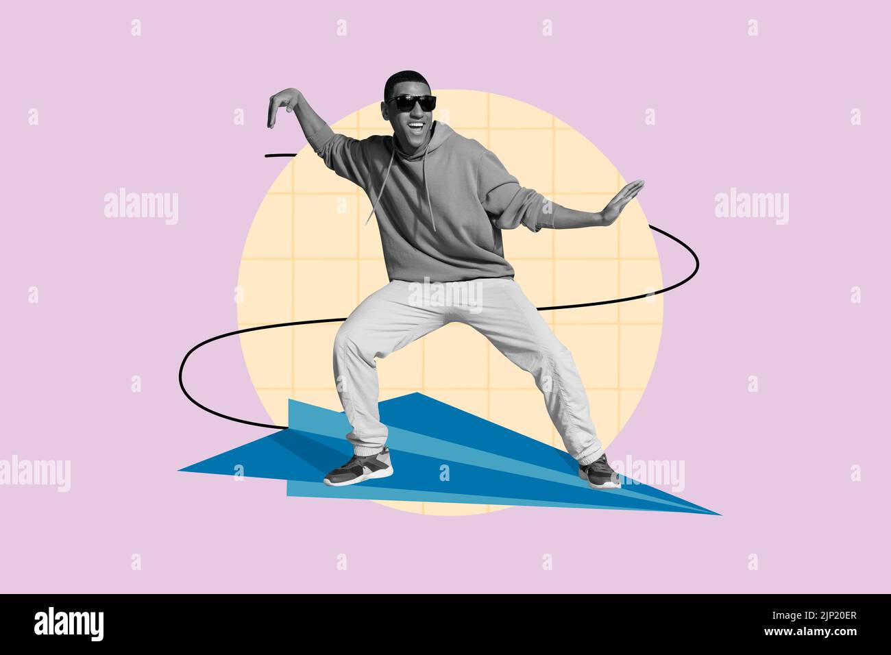 Collage portrait of positive cheerful guy black white effect dancing ...