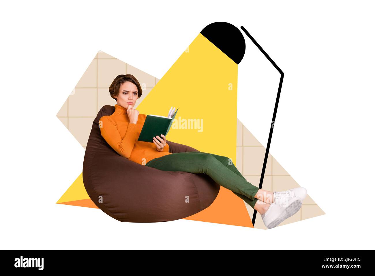 Collage photo of young minded lady sitting pouf under light holding ...