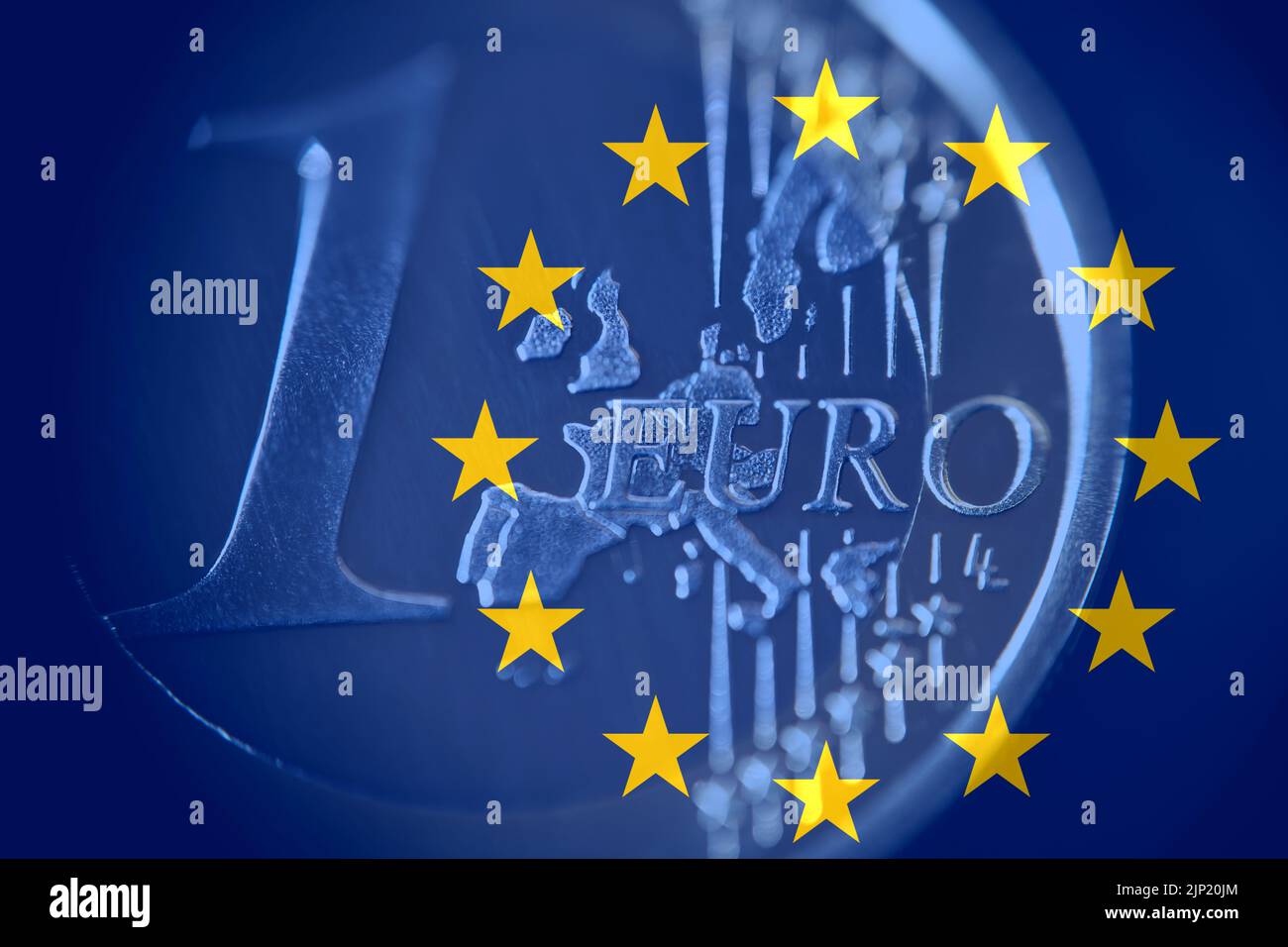 One Euro Coin tinted in blue color, with yellow european stars around ...