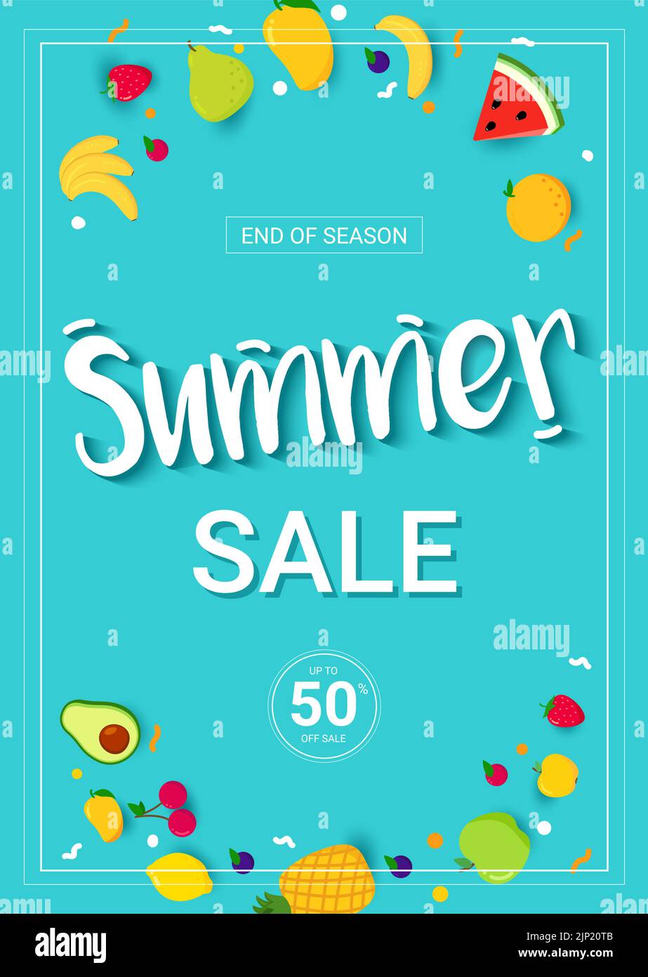 Bright summer sale poster with pieces of ripe fruit, blue background ...
