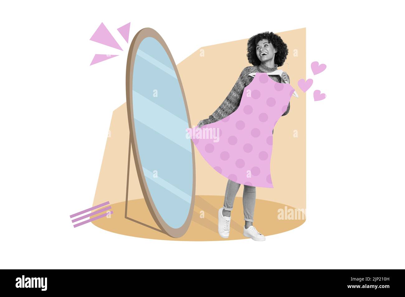 Composite collage image of excited cheerful girl black white colors ...