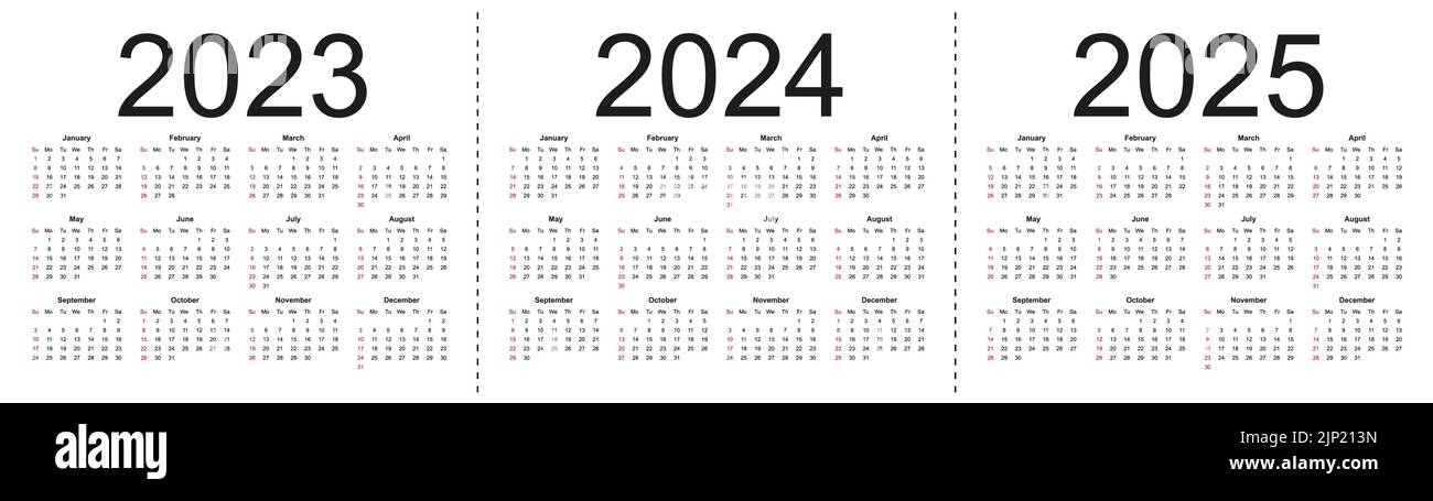 Simple editable vector calendars for year 2023 2024 2025. Week starts from Sunday. Isolated ...