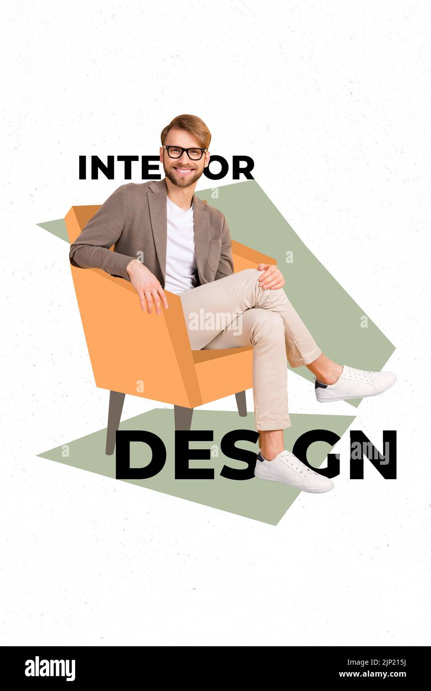 Vertical collage picture of positive guy sitting chair interior design ...