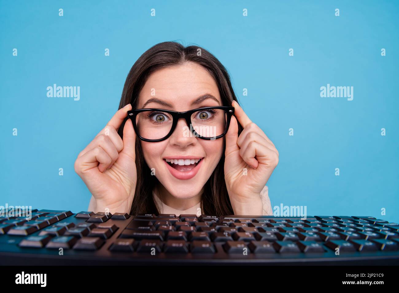 Portrait of positive impressed lady marketer look webcam pc technology ...