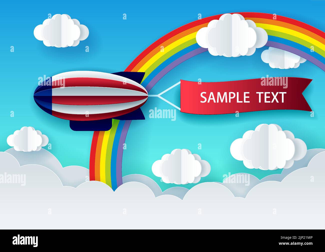 Airship with red ribbon rainbow and clouds in the sky. Vector ...