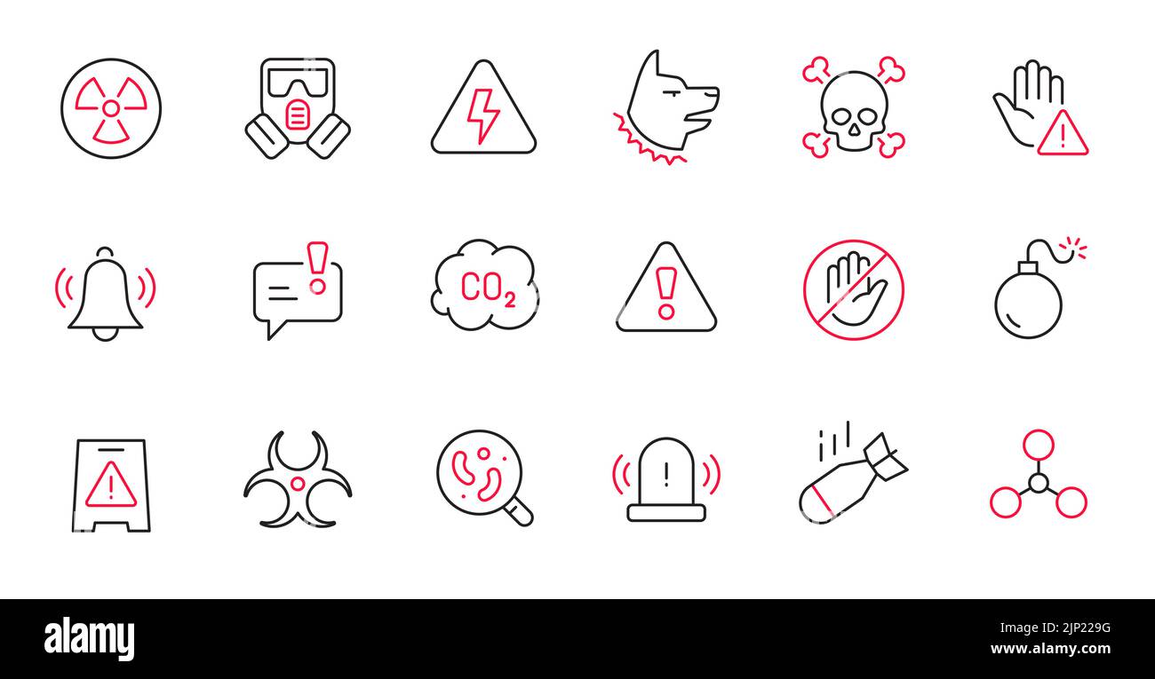 Danger warn attention icon set. Line alert, caution, chemical biohazard ...